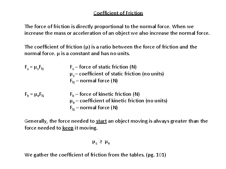 Coefficient of Friction The force of friction is