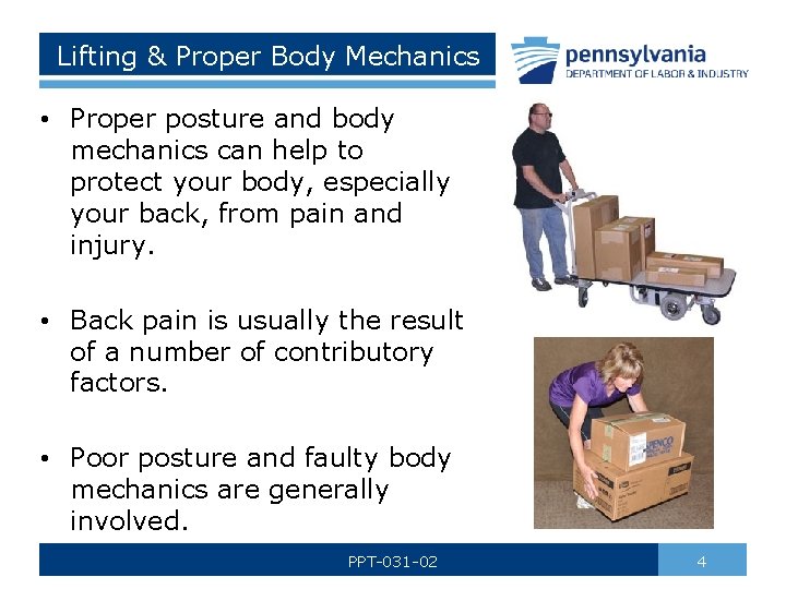 PREVENTING BACK INJURIES Bureau of Workers Compensation PA