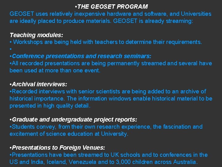 GEOSET Connecting the Global Schoolroom to the Internet