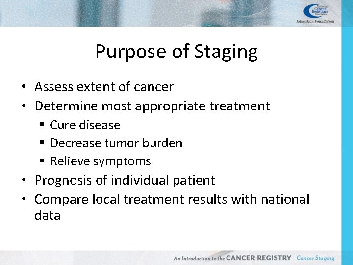 Objectives Define cancer staging Discuss the purpose of