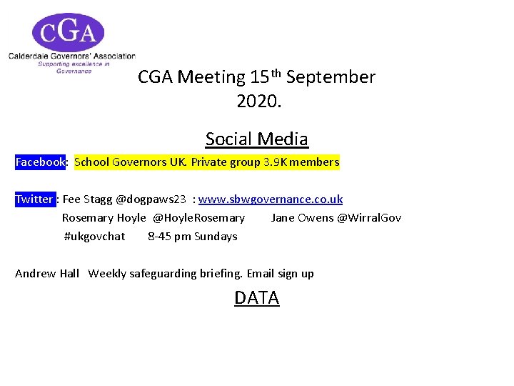 CGA Meeting on Tuesday 15 th September 2020