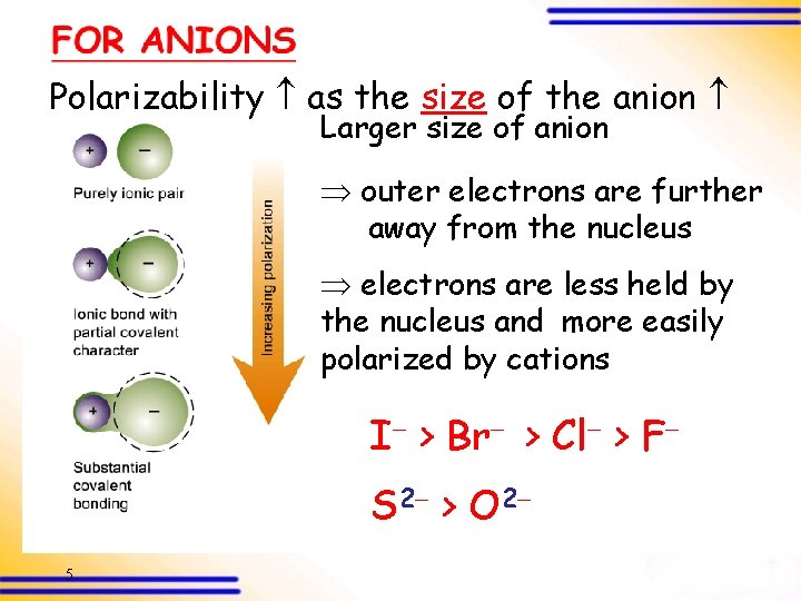 Polarization of an ionic bond means the distortion