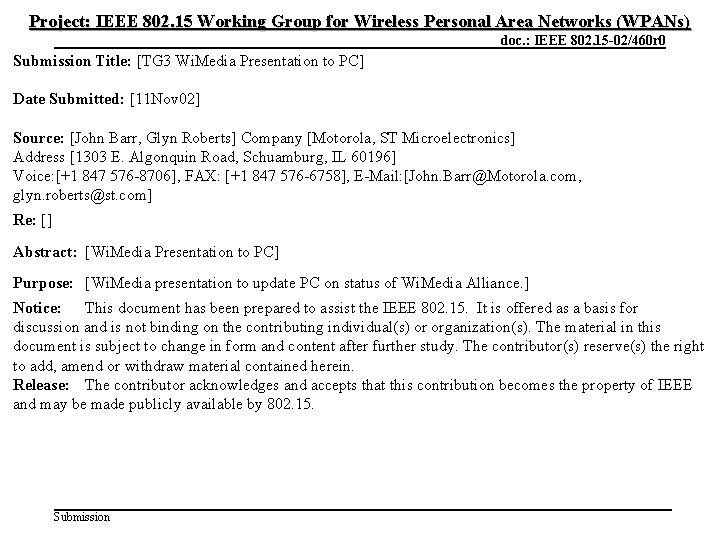 Project IEEE 802 15 Working Group for Wireless