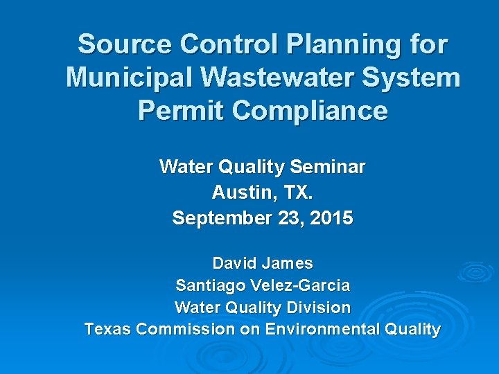 Source Control Planning for Municipal Wastewater System Permit