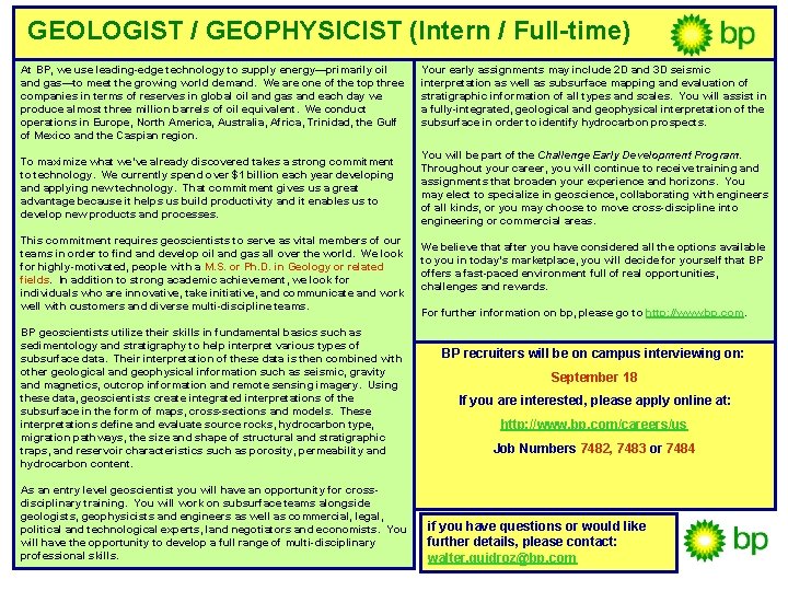 GEOLOGIST GEOPHYSICIST Intern Fulltime At BP we use