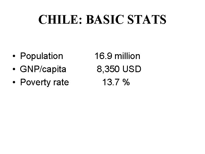 COUNTRY BRIEF CHILE CHILE BASIC STATS Population GNPcapita
