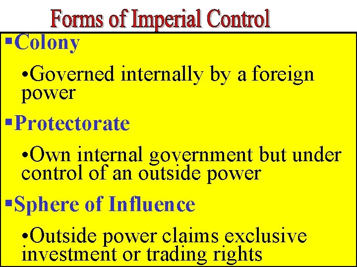 Colony Governed internally by a foreign power Protectorate