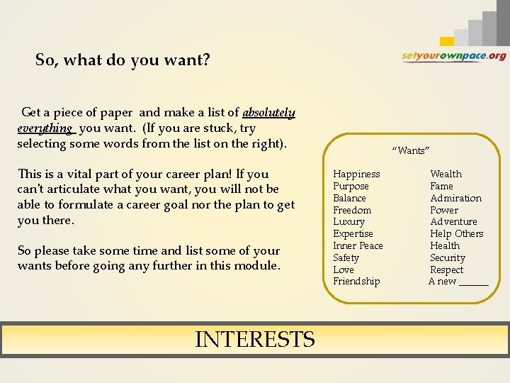 Welcome to Step 1 Identifying Interests This represents