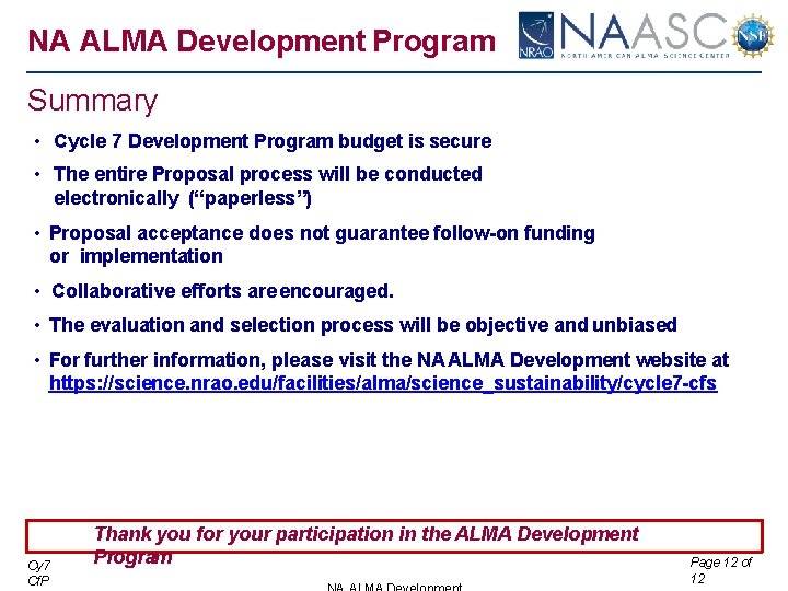 North American ALMA Development Program Cycle 7 Call