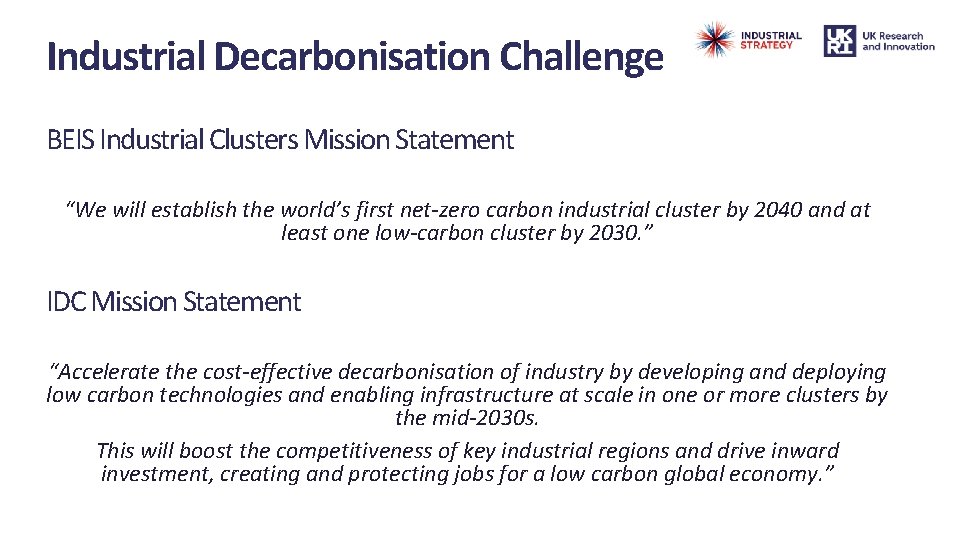 Introduction to the Industrial Decarbonisation Challenge Dr Bryony
