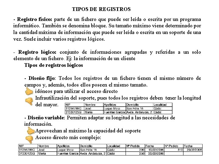 FICHEROS Y BASES DE DATOS Organizacin de los