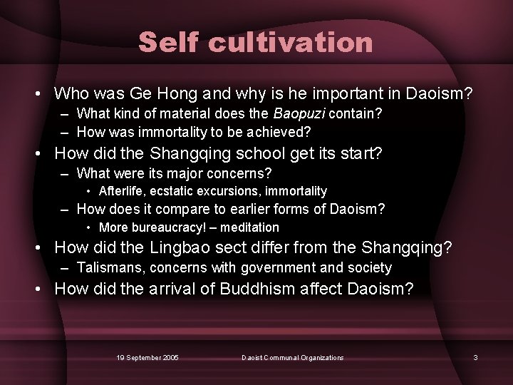 Later Han Daoism Communal practice 19 September 2005