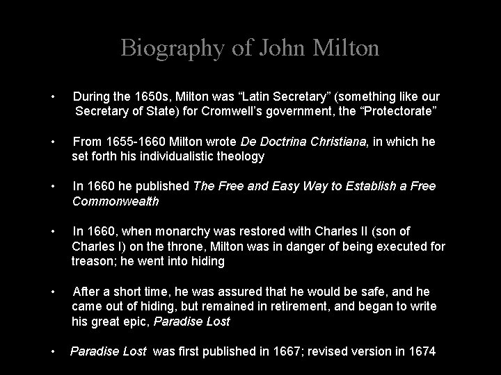 John Milton and Paradise Lost Biography of John