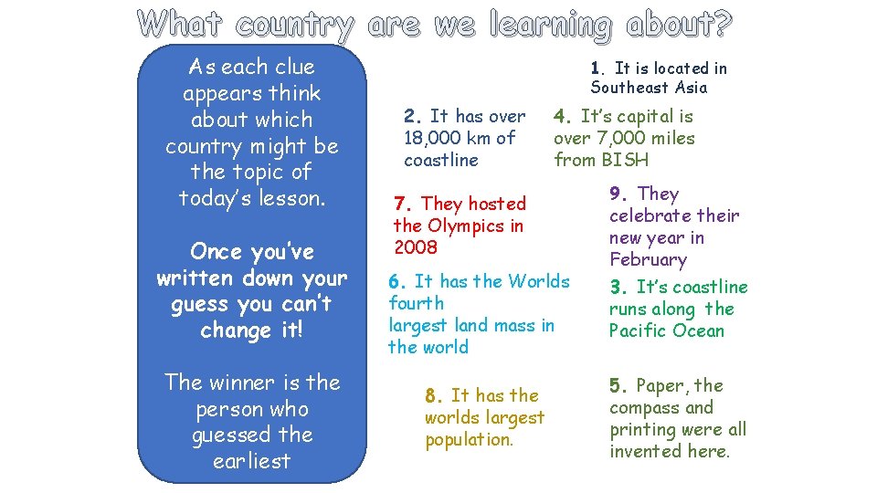 What country are we learning about As each