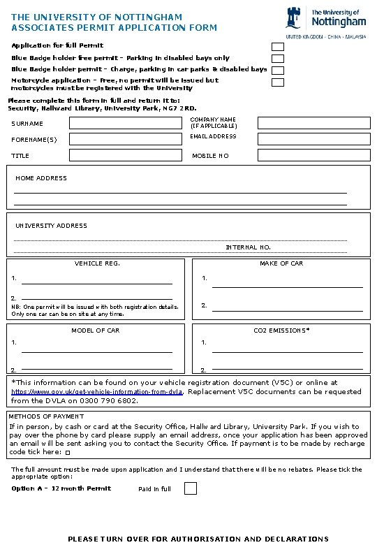 THE UNIVERSITY OF NOTTINGHAM ASSOCIATES PERMIT APPLICATION FORM