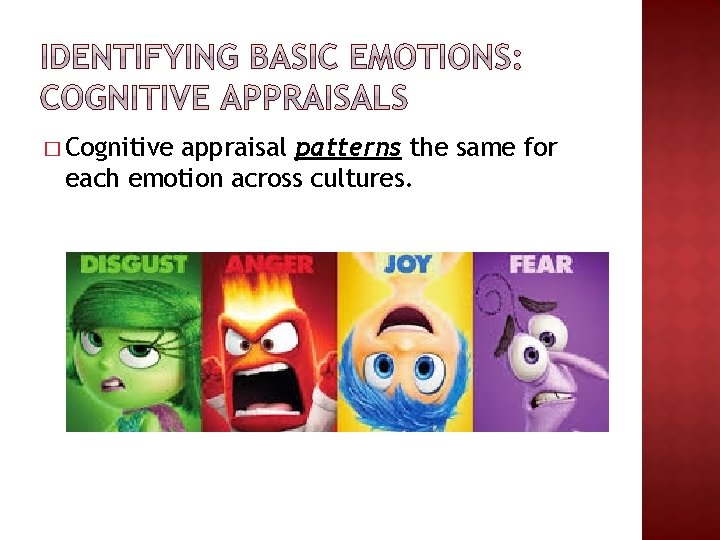 Cognitive appraisal patterns the same for each emotion