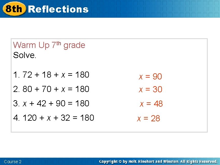 8 th Reflections Warm Up 7 th grade