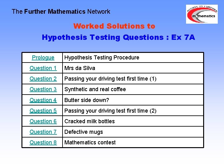 The Further Mathematics Network Worked Solutions to Hypothesis