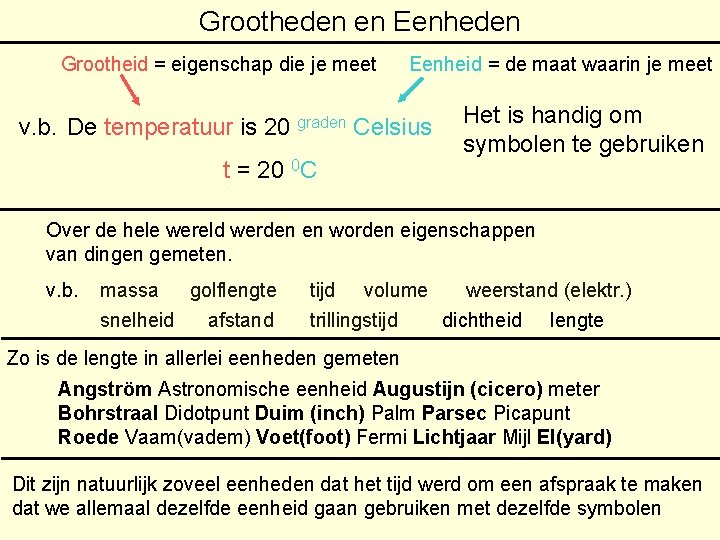 Grootheden en Eenheden Grootheid eigenschap die je meet