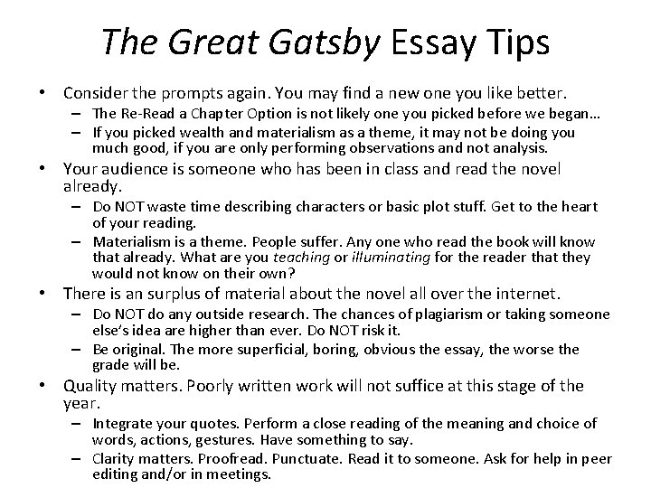 The Great Gatsby Essay Tips Consider the prompts