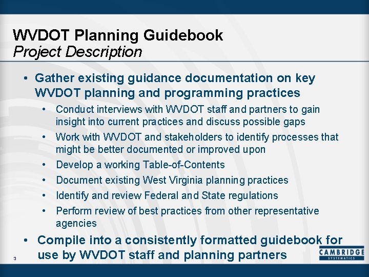 WVDOT Planning Guidebook Interview Development Process presented to