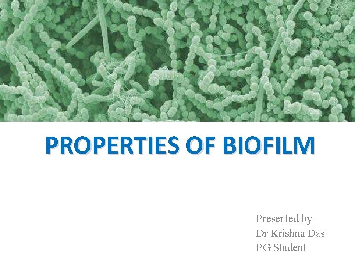 PROPERTIES OF BIOFILM Presented by Dr Krishna Das