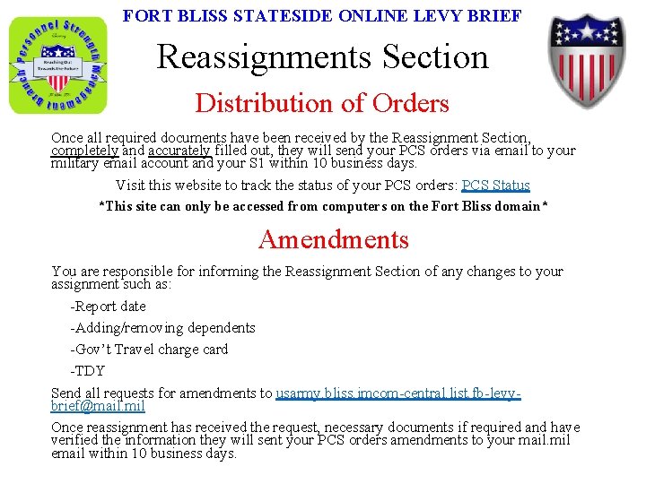 FORT BLISS STATESIDE ONLINE LEVY BRIEF Reassignments Section