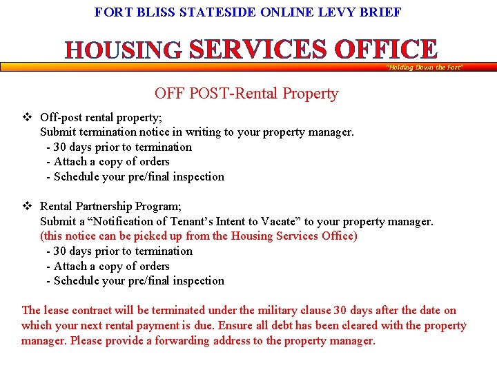 FORT BLISS STATESIDE ONLINE LEVY BRIEF Reassignments Section