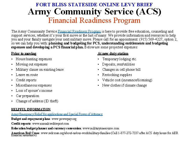 FORT BLISS STATESIDE ONLINE LEVY BRIEF Reassignments Section
