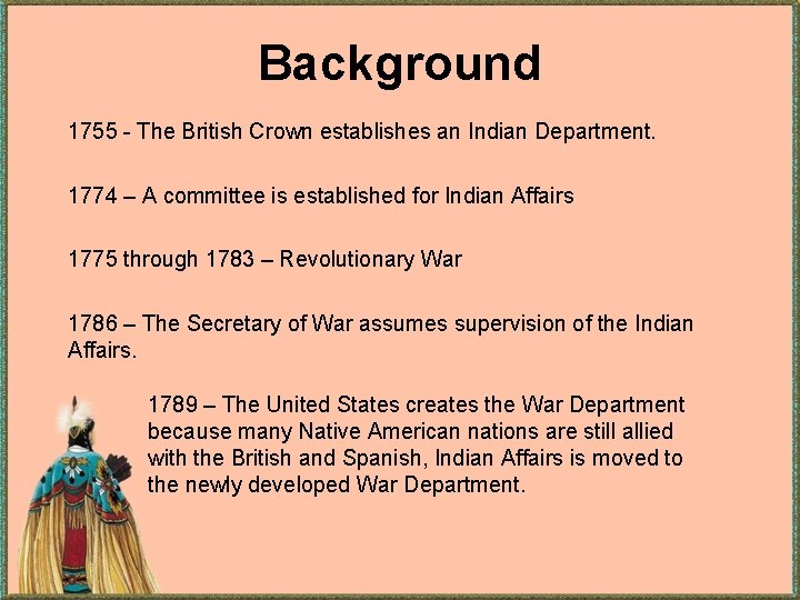 BIA History Presented by Patricia L Olby Background