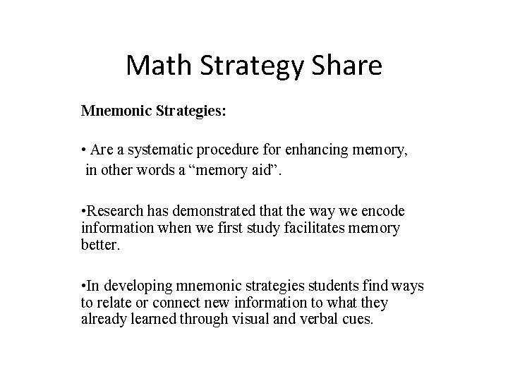 Math Strategy Share Mnemonic Strategies Are a systematic