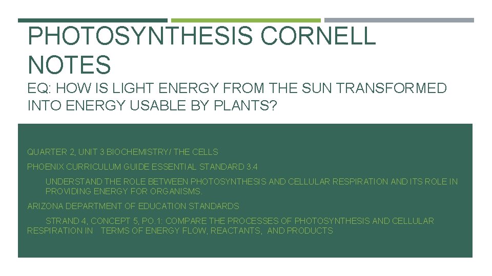 PHOTOSYNTHESIS CORNELL NOTES EQ HOW IS LIGHT ENERGY