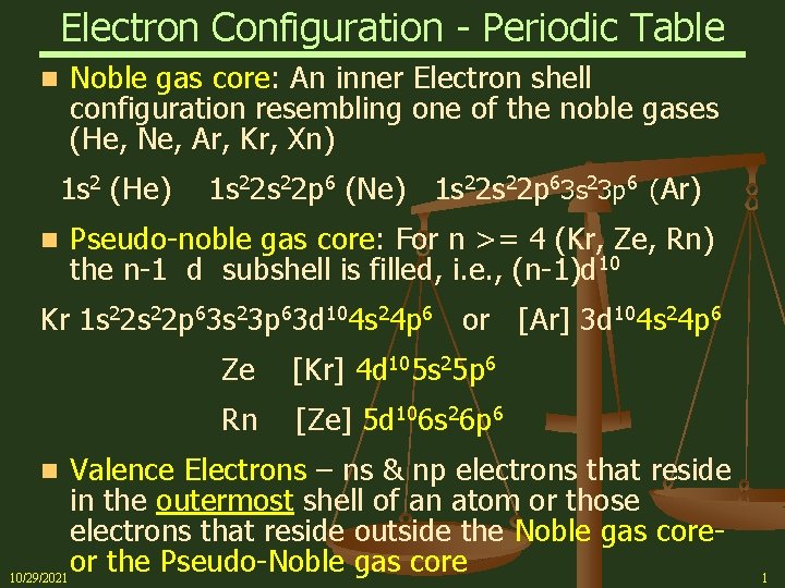 Electron Configuration Periodic Table n Noble gas core