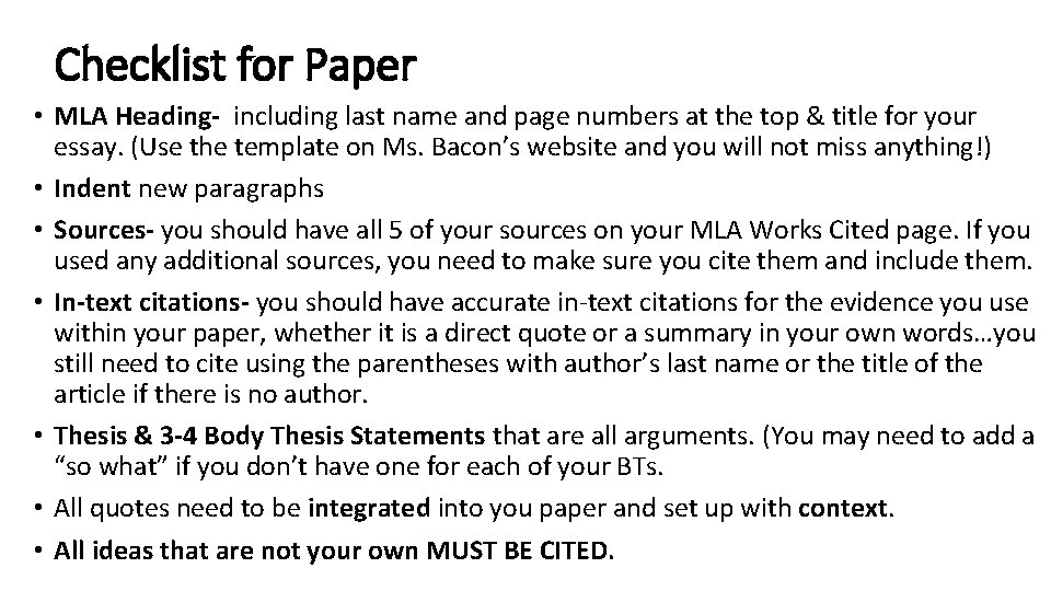 Checklist for Paper MLA Heading including last name