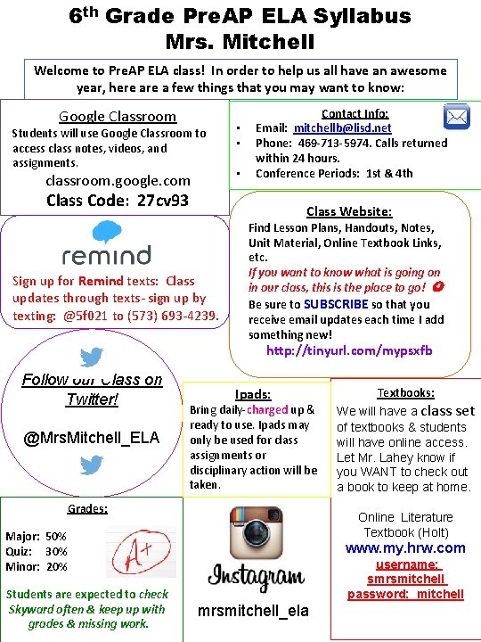 6 th Grade Pre AP ELA Syllabus Mrs