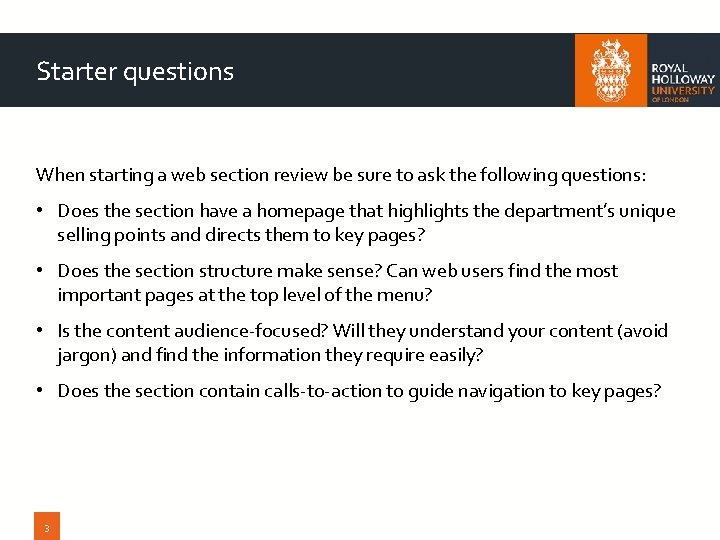 Web section best practice checklist for departments Abigail