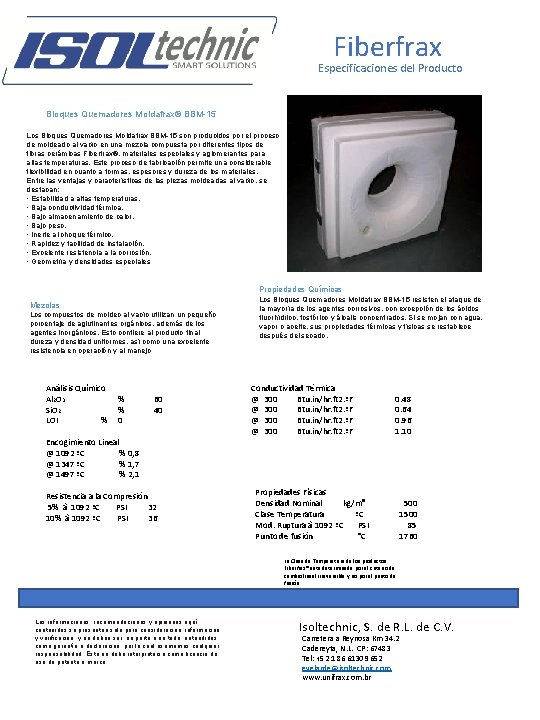 Fiberfrax Especificaciones del Producto Bloques Quemadores Moldafrax BBM15