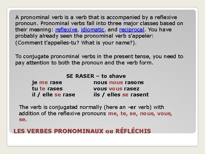 LES VERBES PRONOMINAUX ou RFLCHIS A pronominal verb