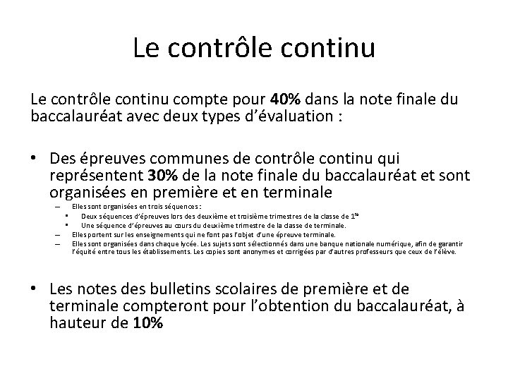 Les preuves du nouveau bac Le contrle continu