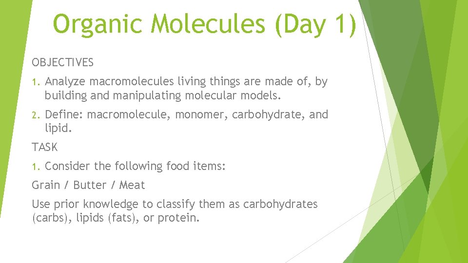 Organic Molecules Day 1 OBJECTIVES 1 Analyze macromolecules