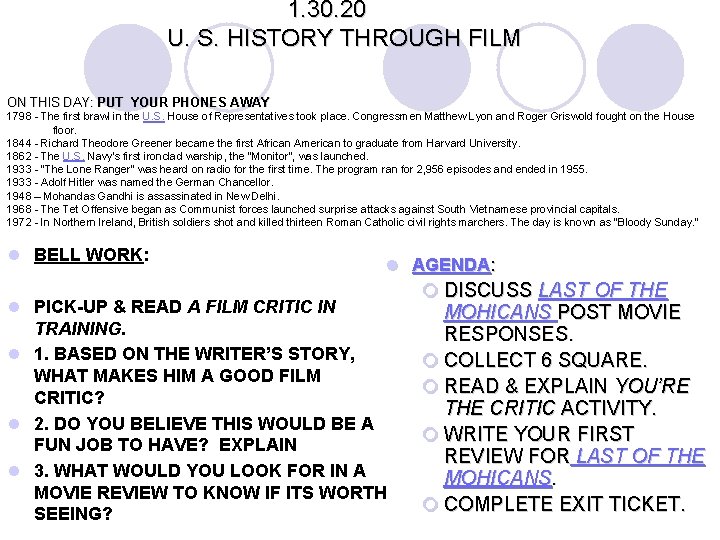 1 30 20 U S HISTORY THROUGH FILM