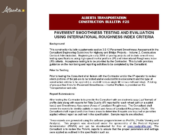 International Roughness Index IRI for Construction Acceptance Technical