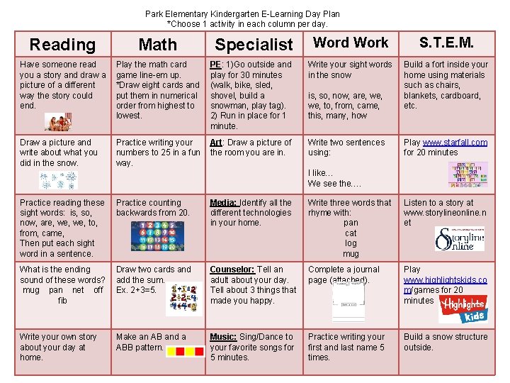 Park Elementary Kindergarten ELearning Day Plan Choose 1