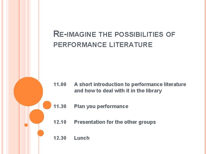 REIMAGINE THE POSSIBILITIES OF PERFORMANCE LITERATURE 11 00