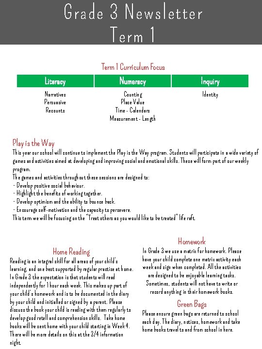 Grade 3 Newsletter Term 1 Hats Please remember