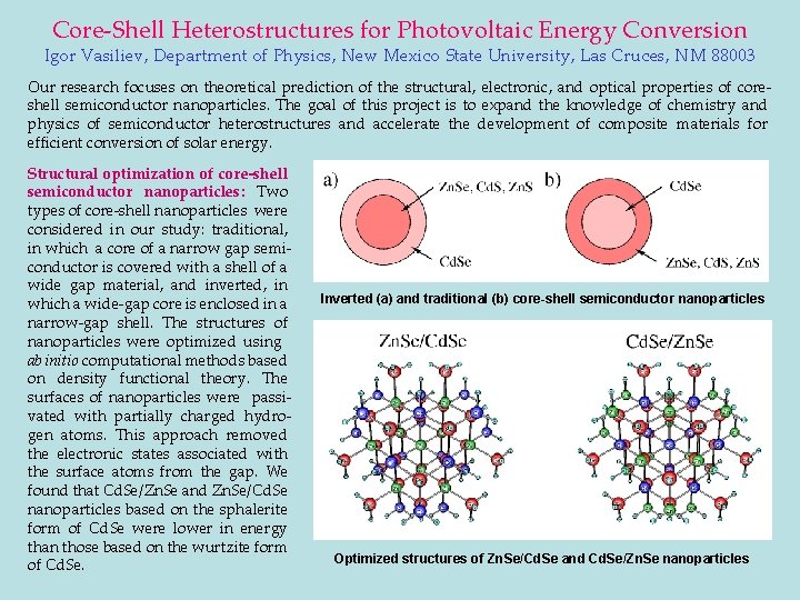 CoreShell Heterostructures for Photovoltaic Energy Conversion Igor Vasiliev