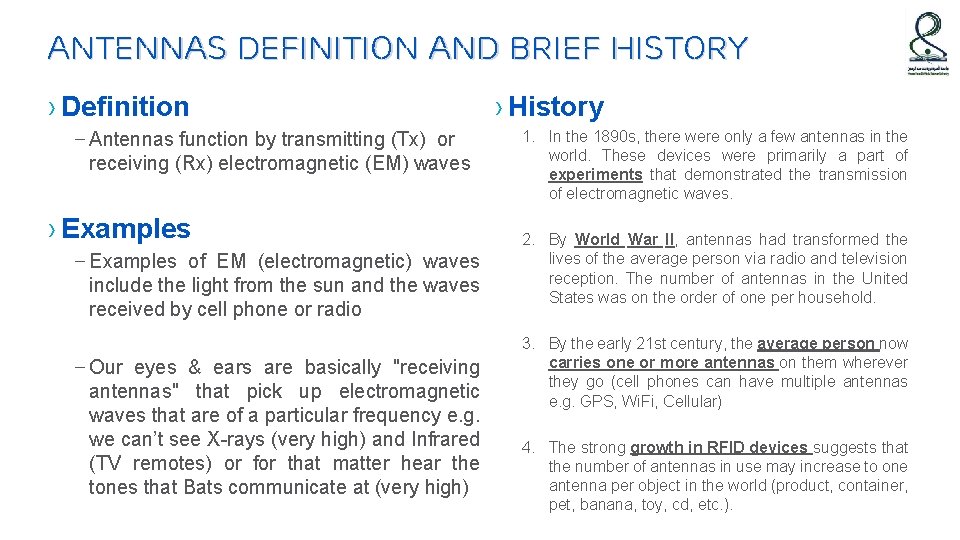 Wireless NETWORKS NET 434 Topic 2 Antennas agenda