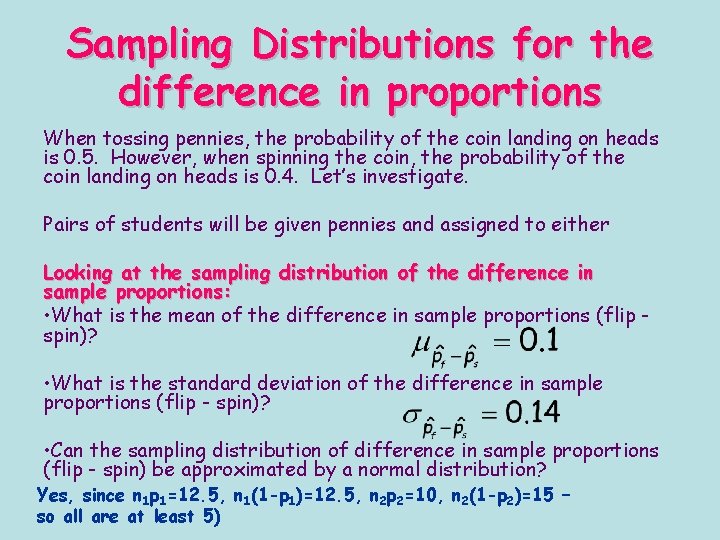 TwoSample Proportions Inference Sampling Distributions for the difference