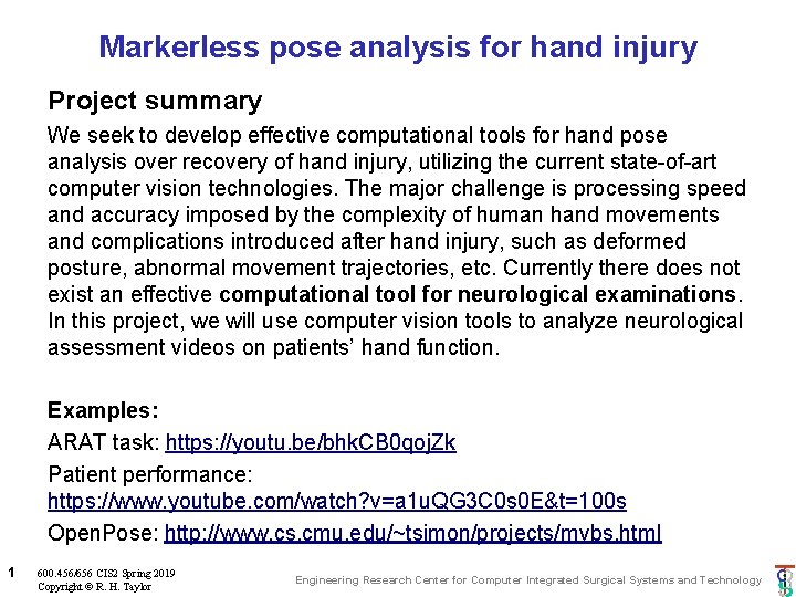 Markerless pose analysis for hand injury Project summary