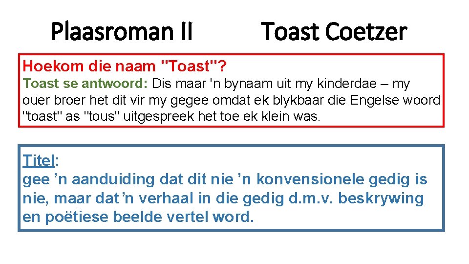 Plaasroman II Toast Coetzer Plaasroman I Hoekom is